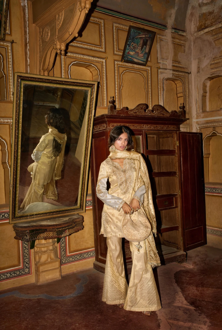 Champagne gold short kurta with bell bottom pants