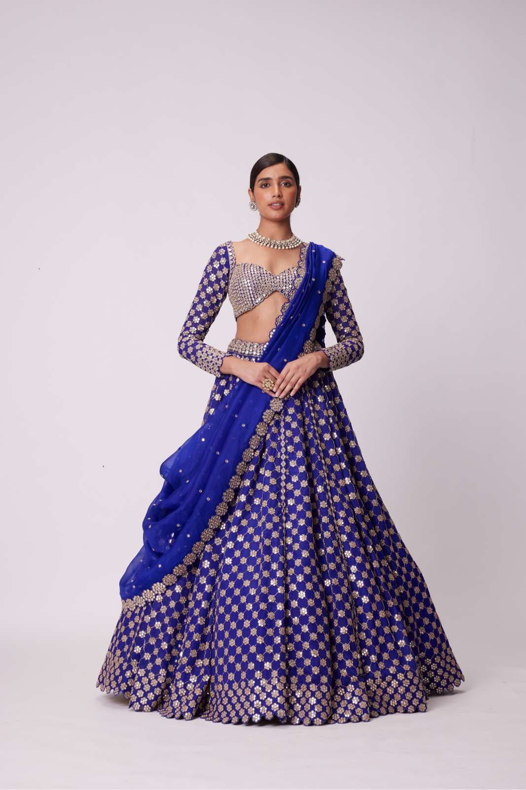 Persian Blue Mirror Flower Hand Embroidered Lehenga – LOTUS BLOOM OFFICIAL